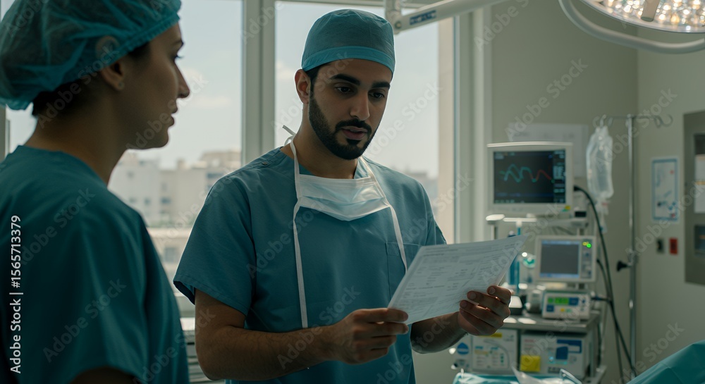 Two surgeons in scrubs review medical charts in a brightly lit ...