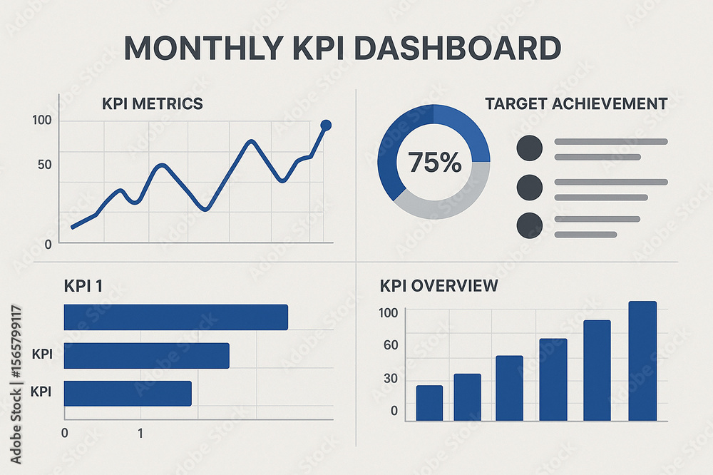 Monthly KPI Dashboard with Charts for Metrics, Targets, and Performance ...