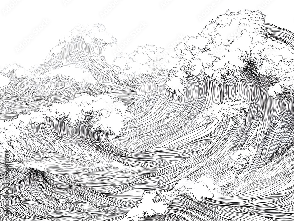 Power of Ocean Waves: A detailed monochrome illustration portrays the ...