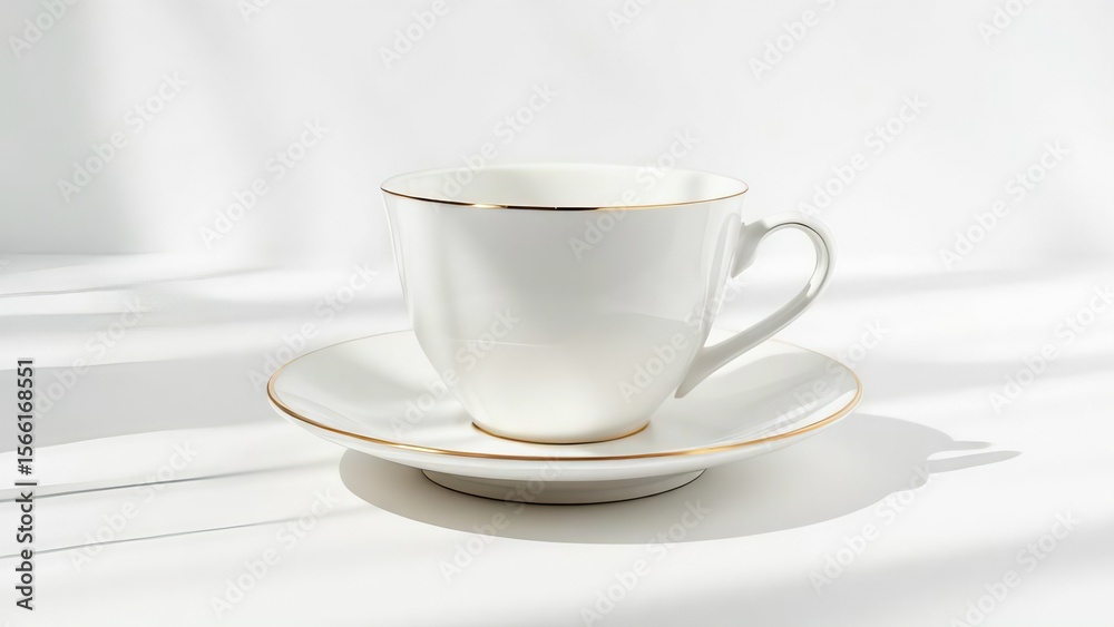 Elegant white porcelain teacup and saucer with gold trim on a white ...