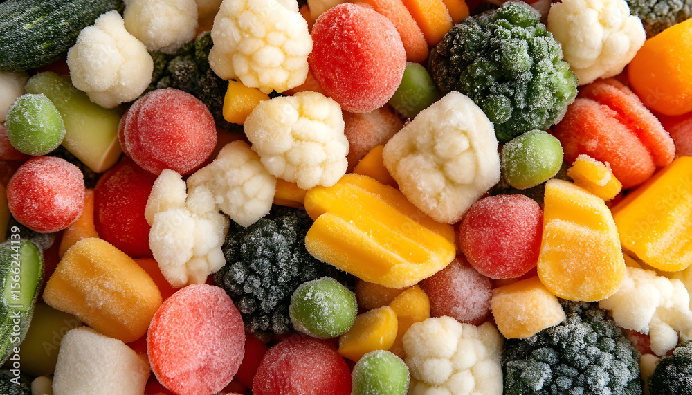 Aerial perspective of mixed frozen vegetables with textured vegetable ...