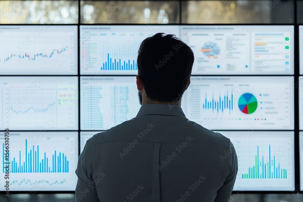 Financial analyst reviewing multiple data charts and graphs on large ...