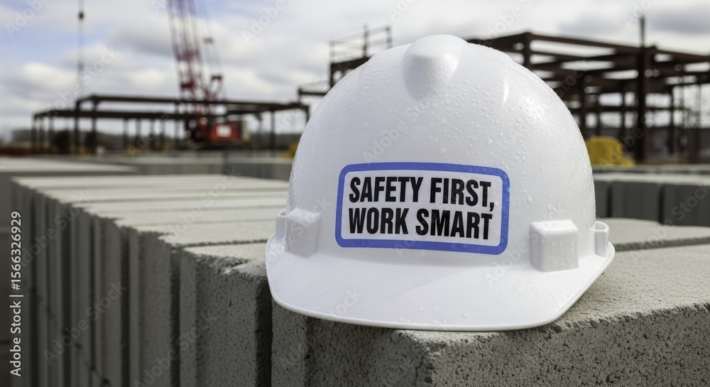 White hard hat with safety first work smart slogan on construction site ...