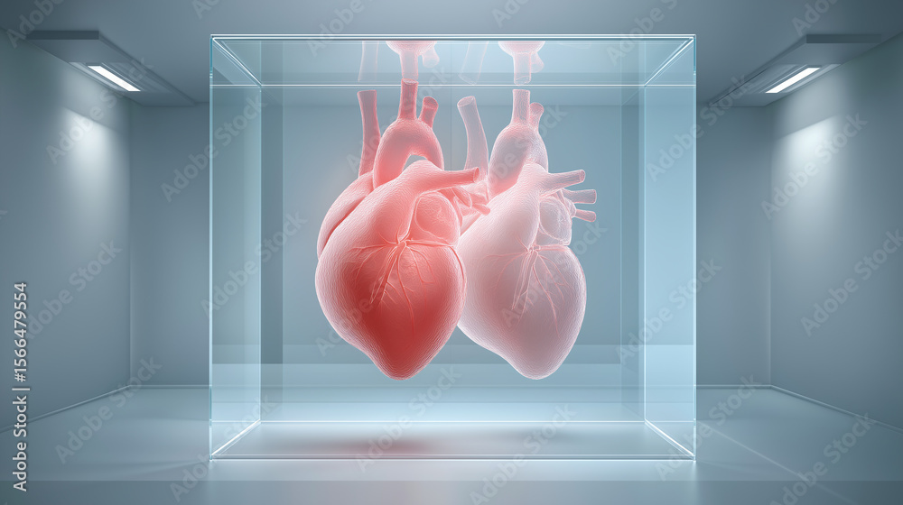 Transparent medical display showing human heart anatomy with two hearts ...