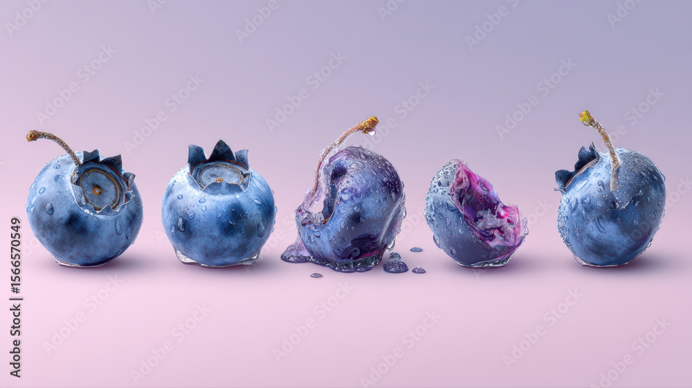 Blueberries decomposing over time in five vertical stages on pastel ...