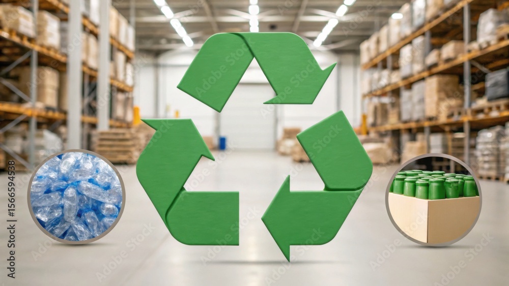 Large green recycling symbol inside a warehouse with pallets, featuring ...