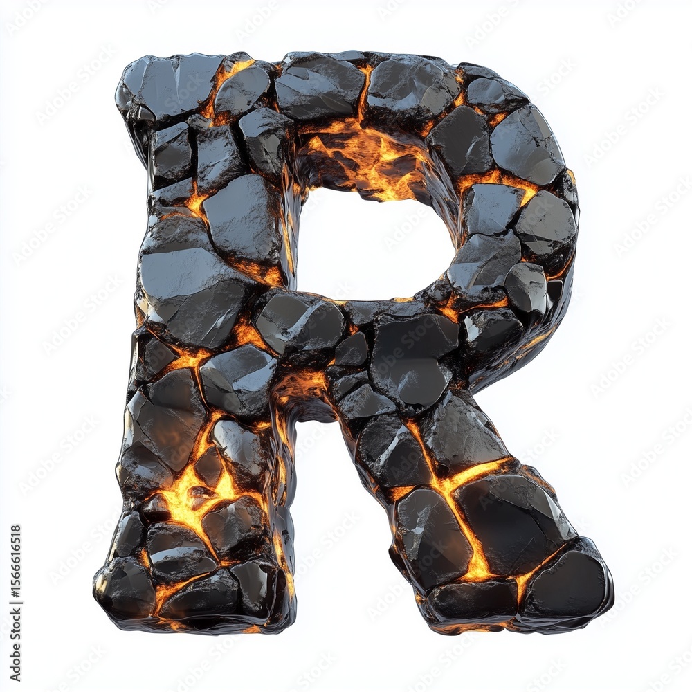 Font R shaped from rock coal with fire cracked, energy character ...