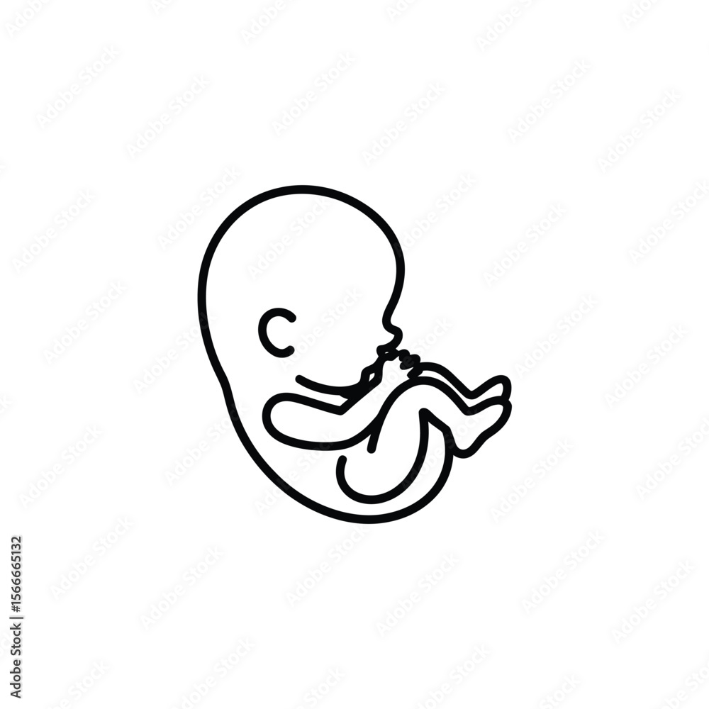 Simple black line drawing of a human fetus in a curled position on a ...