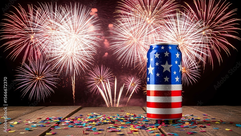 Patriotic red, white, and blue energy drink with fireworks background ...