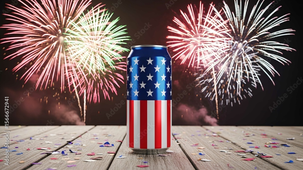 Patriotic red, white, and blue energy drink with fireworks background ...