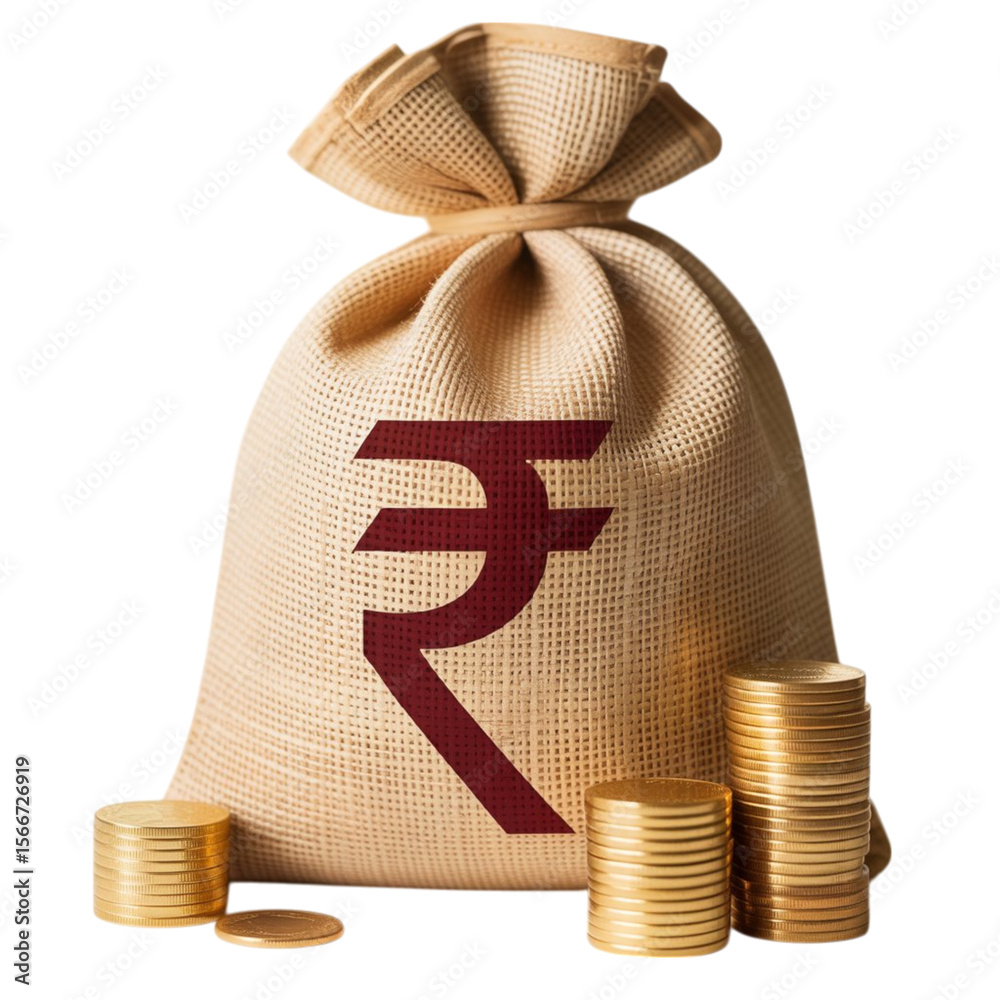 Indian rupee symbol on a money bag with golden coins depicting wealth ...