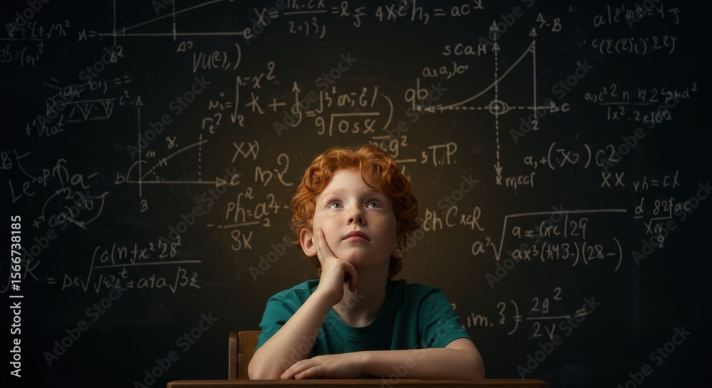 Thoughtful ginger student contemplates complex math equations on a ...