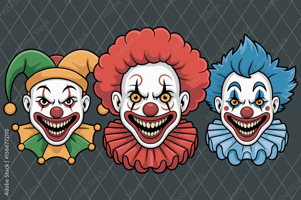 Scary clown vector featuring three menacing clown faces in different ...