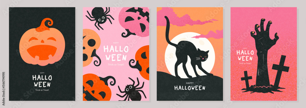 Set of scary Halloween greeting card templates with textured art ...