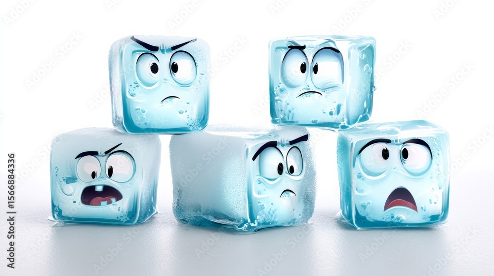 Fotografie Group of ice cubes with faces on them, one of which is angry ...