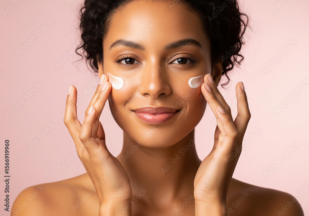 A young woman with curly hair smiled softly as she applied cream to her ...