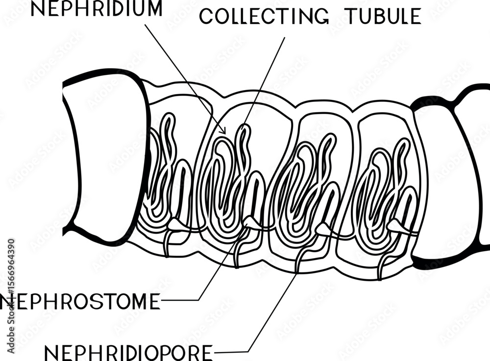 Coloring page with diagram of excretory system of earthworm. Scheme of ...