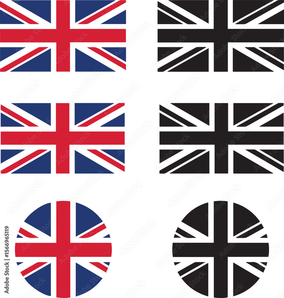 Collection of union jack flags in rectangular and circular shapes in ...