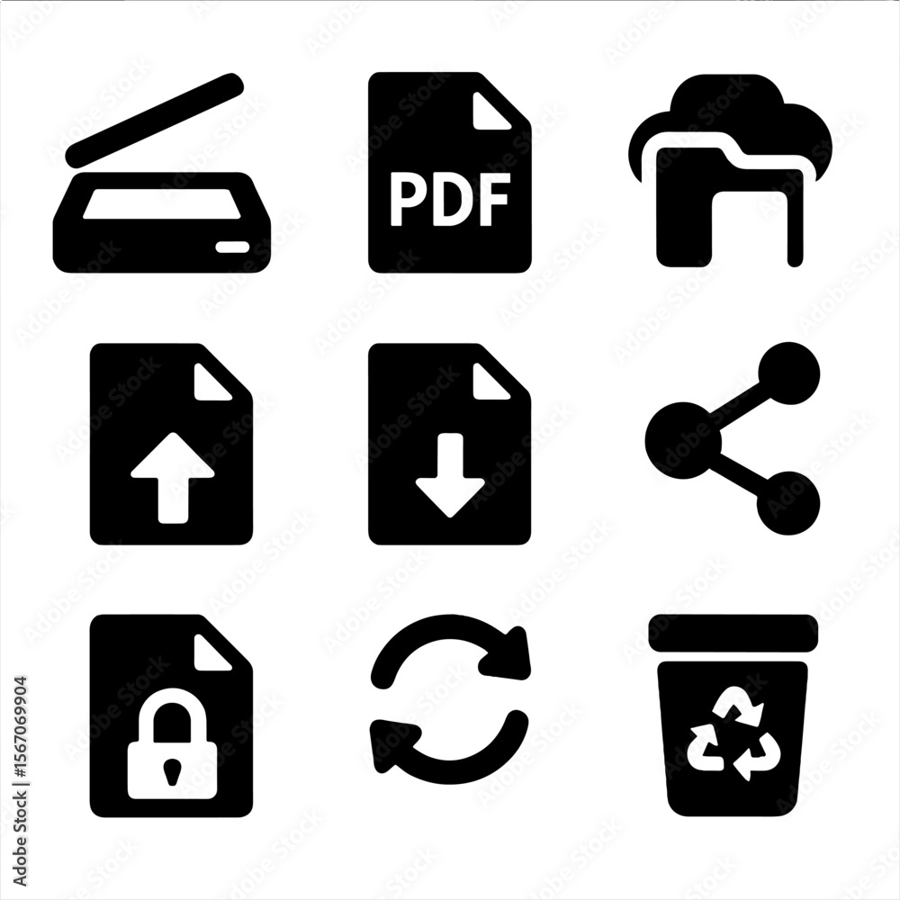 Digital Office Icons. Solid, filled icon set of digital office document ...