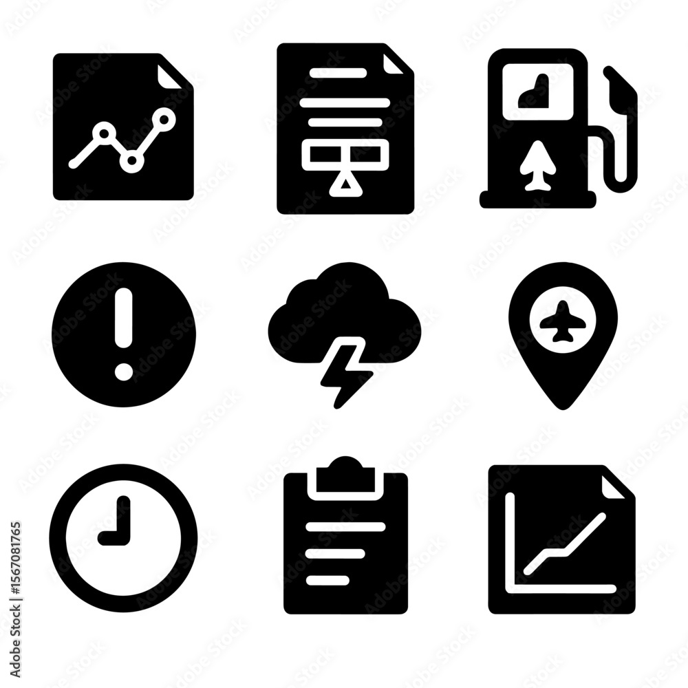 Stock-Vektorgrafik „Flight Planning Icons. Solid, filled icon set of ...
