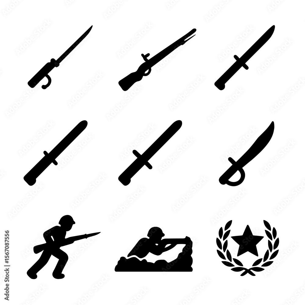 Historical Bayonet Icons. Solid, filled icon set of historical bayonets ...