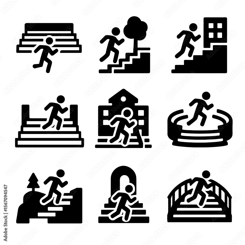 Outdoor Stairs Icons. Solid, filled icon set of outdoor stair sprint ...