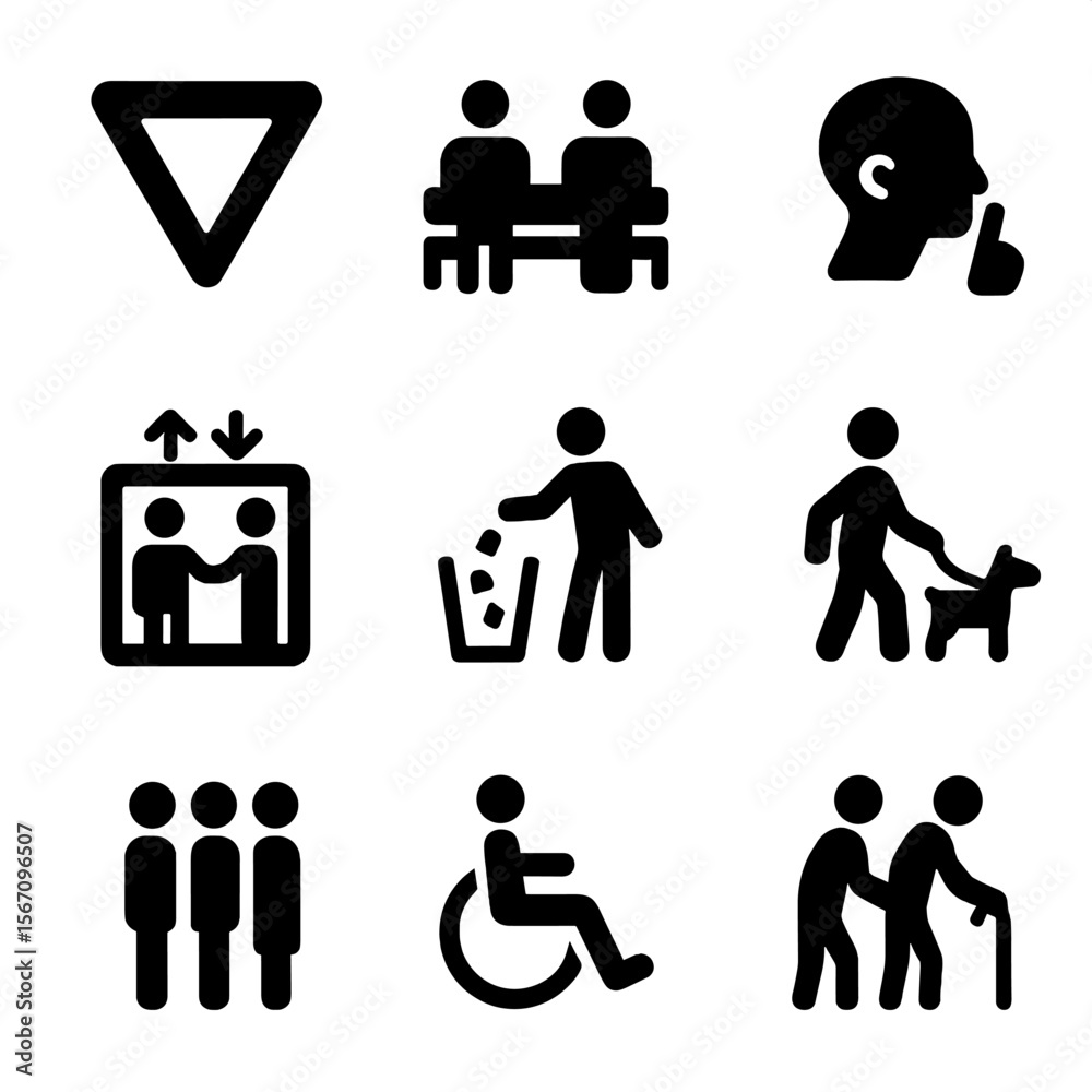 Public Etiquette Icons. Solid, filled icon set of respect in public ...