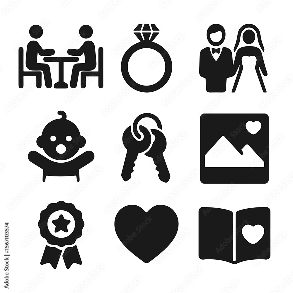 Relationship Timeline Icons. Solid, filled icons set of relationship ...