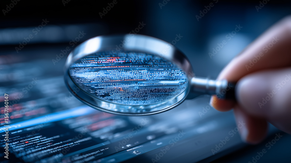 Critical code review concept captured with magnifying glass exposing ...