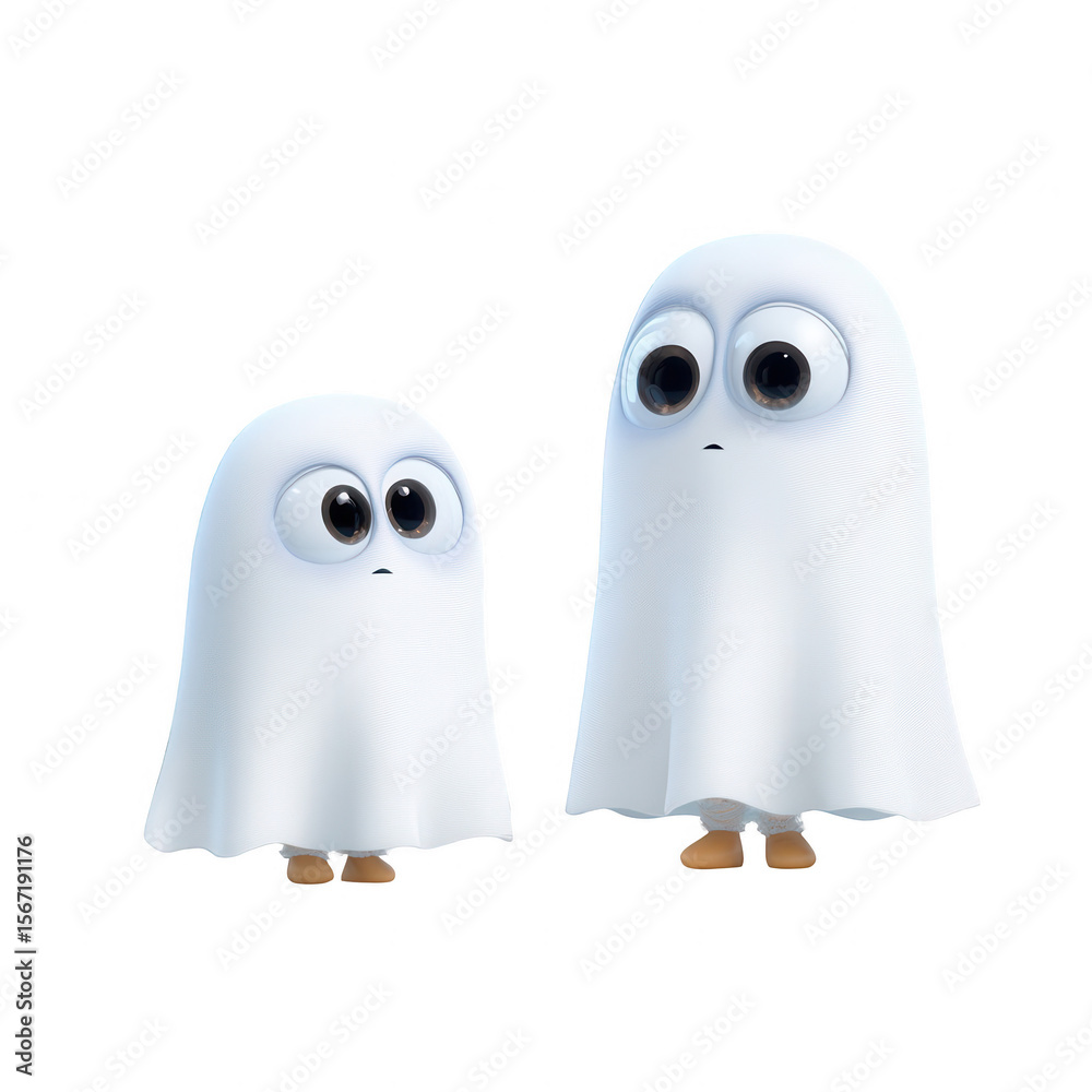 Two cute little ghosts, snooty cartoon characters with big eyes wearing ...