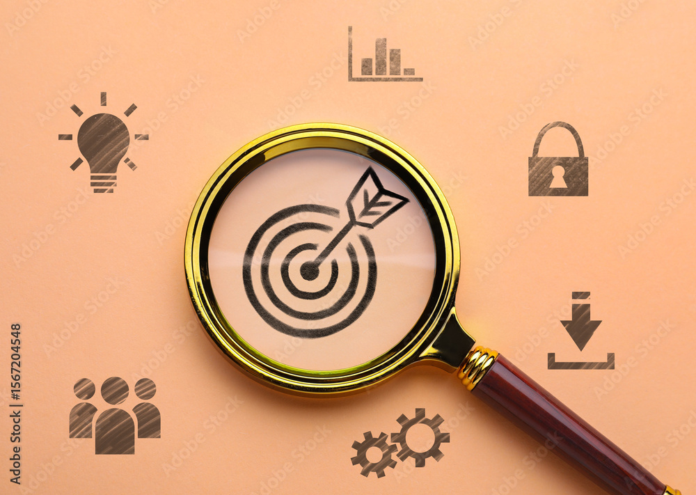 Magnifying glass over target with arrow on pink beige background, top ...