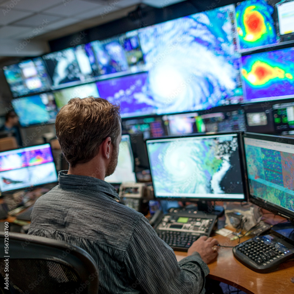 Meteorologist Analyzing Data at Weather Center during Storm Season ...