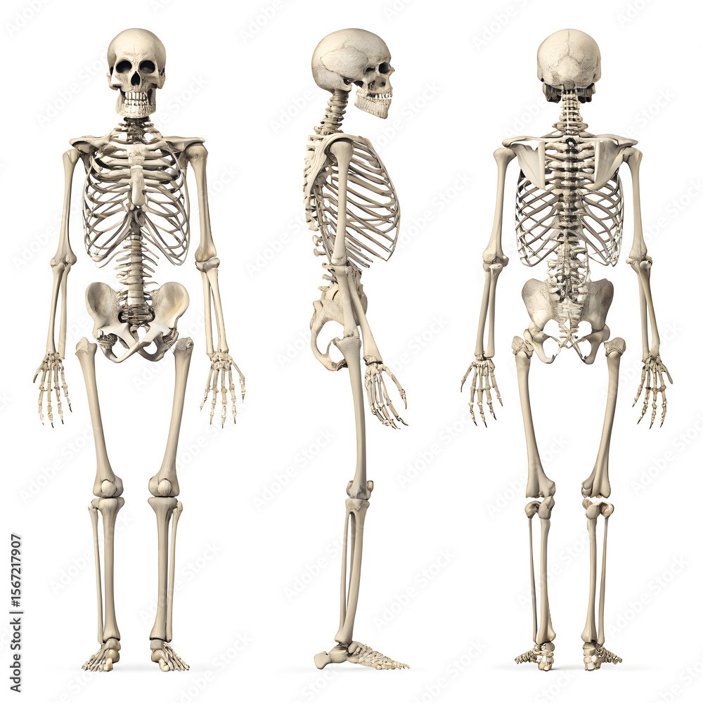 Foto de Stock human skeleton three body view side back isolated on ...