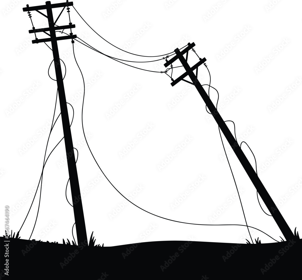 Damaged leaning power poles cad drawing flat vector illustration ...