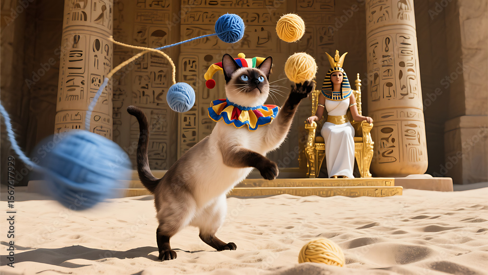 Siamese cat in jester costume plays with yarn balls in front of an ...