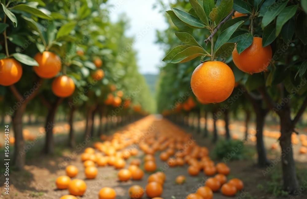 Rows of ripe citrus fruits hang heavy on green branches of orange trees ...