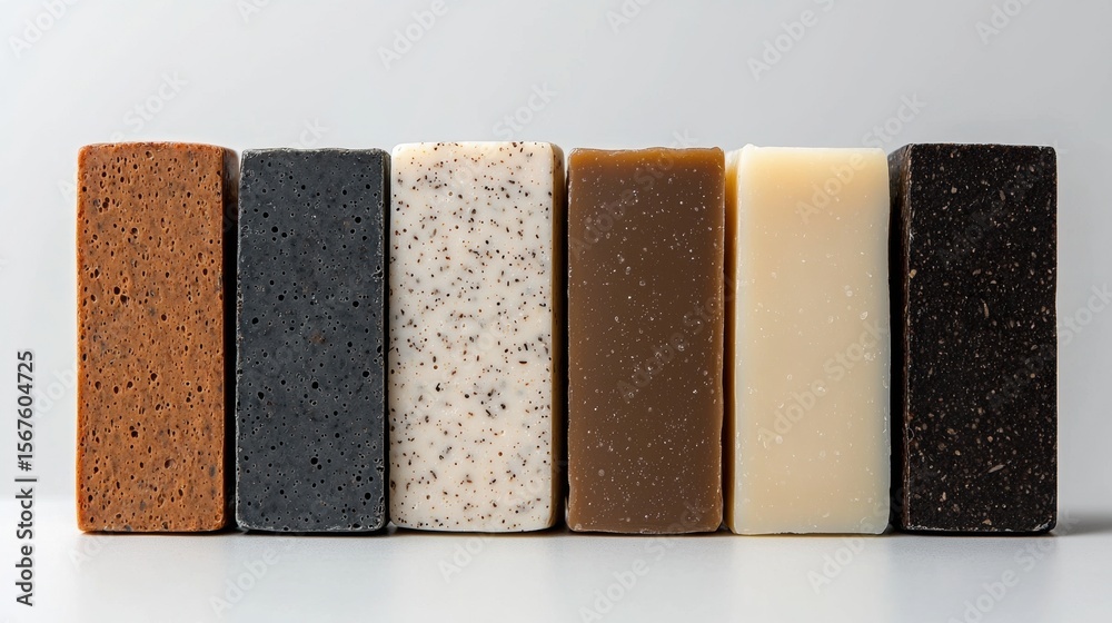 five different types of soap bars on a white surface Stock Photo ...