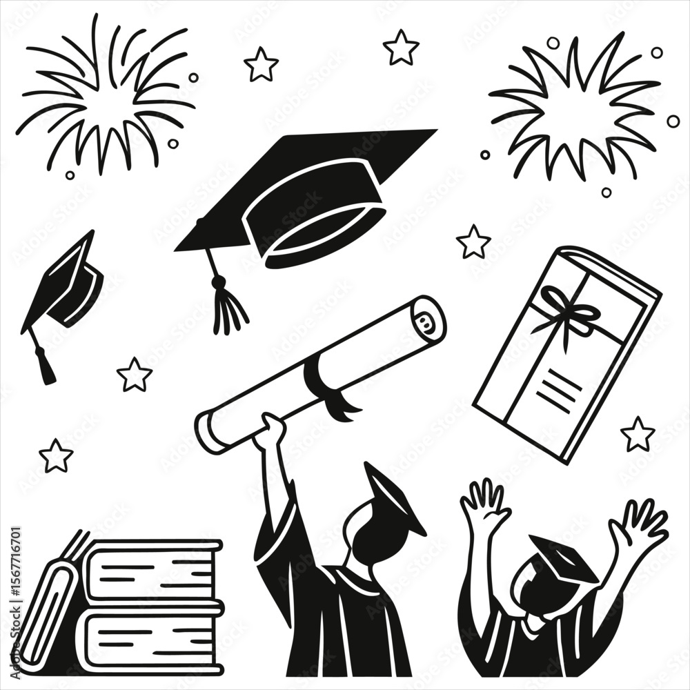 Graduation doodle illustration including icons - student in cap ...