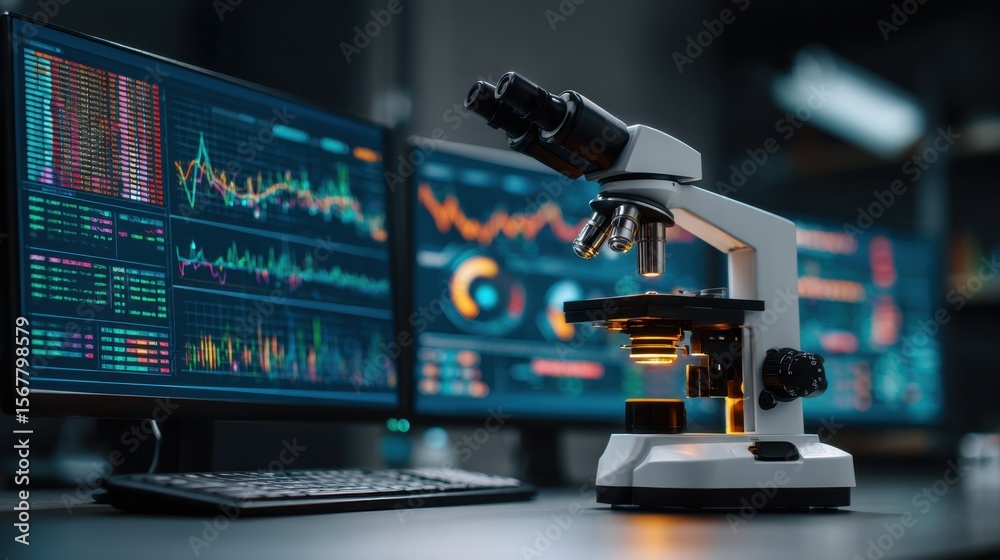 Microscope and data screens aligned on a laboratory workstation Stock ...