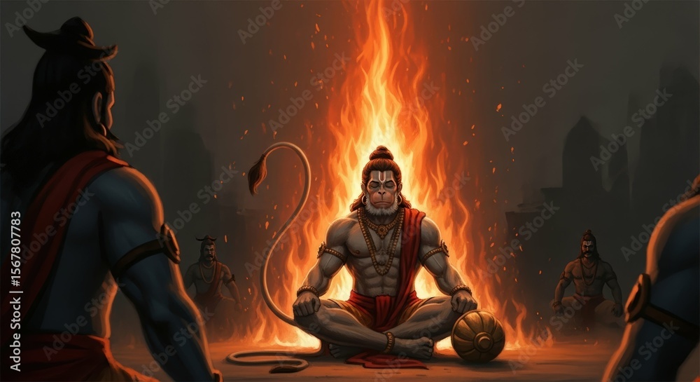 Ai generated image of hanuman meditating in front of a blazing fire ...