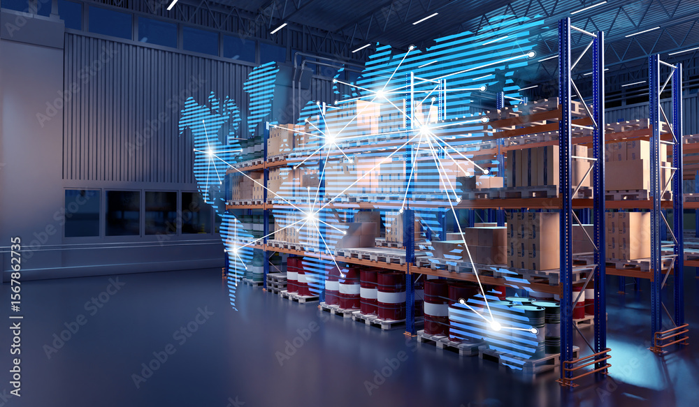 International logistics business. World map inside warehouse. Supply ...