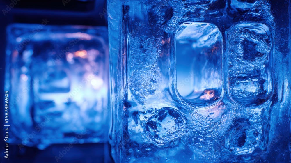 Mini Nugget Ice Maker style. Close-up of textured ice cubes in a cool ...