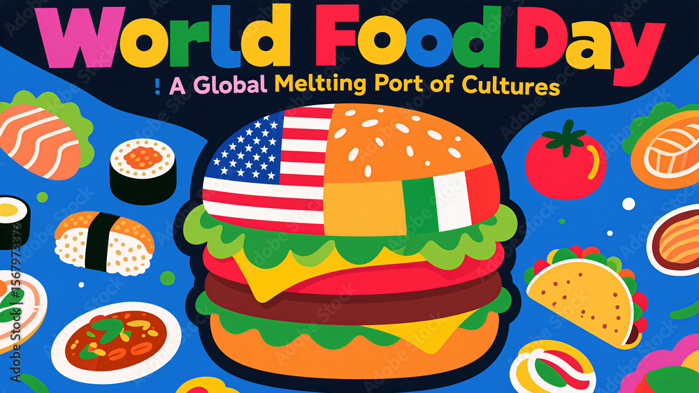Colorful text and multi country cuisine burgers represent the fusion of ...
