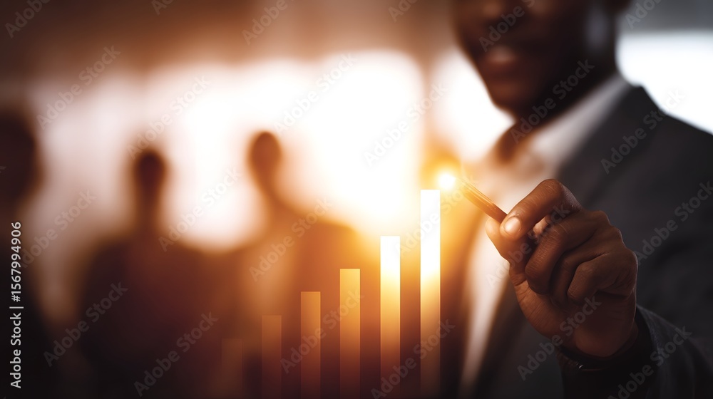 Business analyst presenting financial growth path to team in boardroom ...