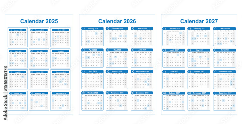 Set of calendars for 2025, 2026, 2027 and 2028 on a white background ...