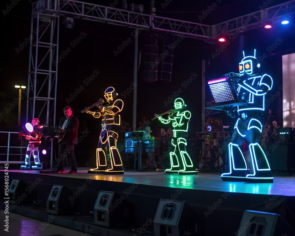 Robotic Orchestra Stage – Stage platform with band of neon robots Stock ...