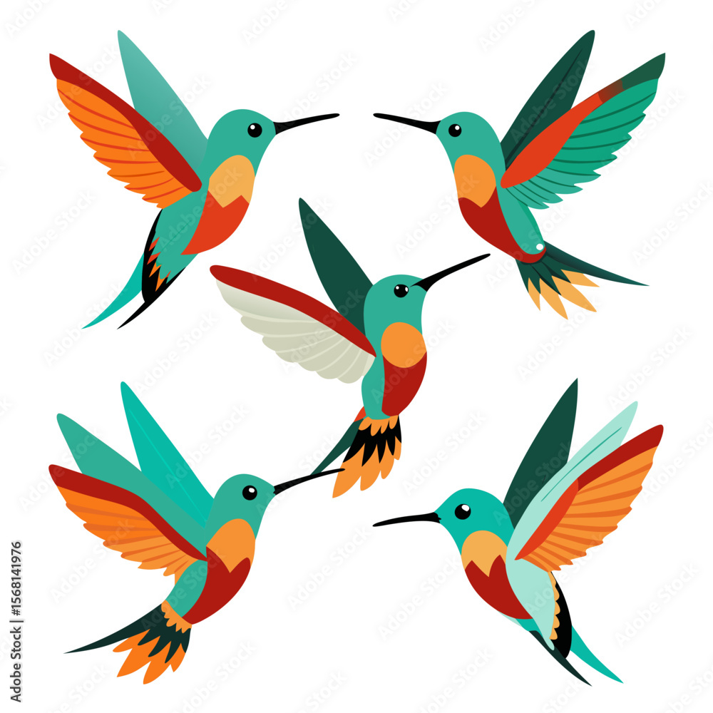 Five colorful hummingbirds with teal bodies orange and red accents and ...
