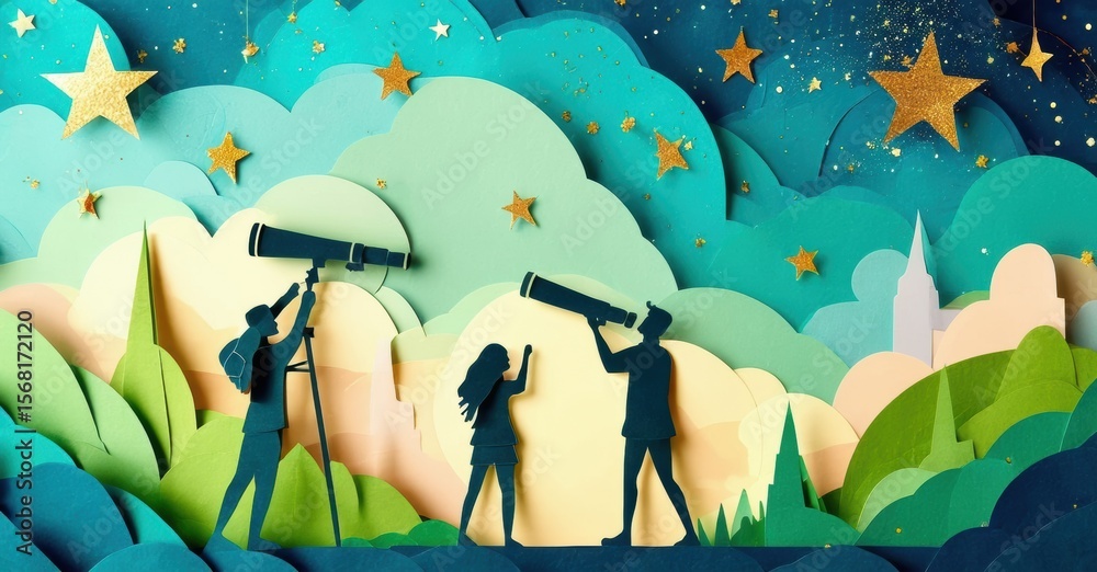 Papercraft scene depicts people stargazing. Night sky, hills, stars ...