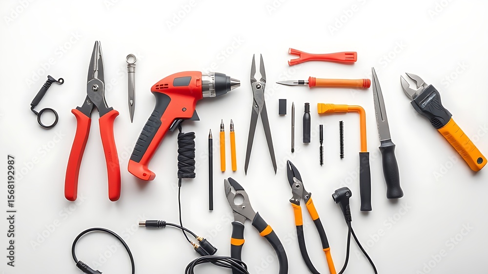 Top-down view of organized electrical tools on white background Stock ...