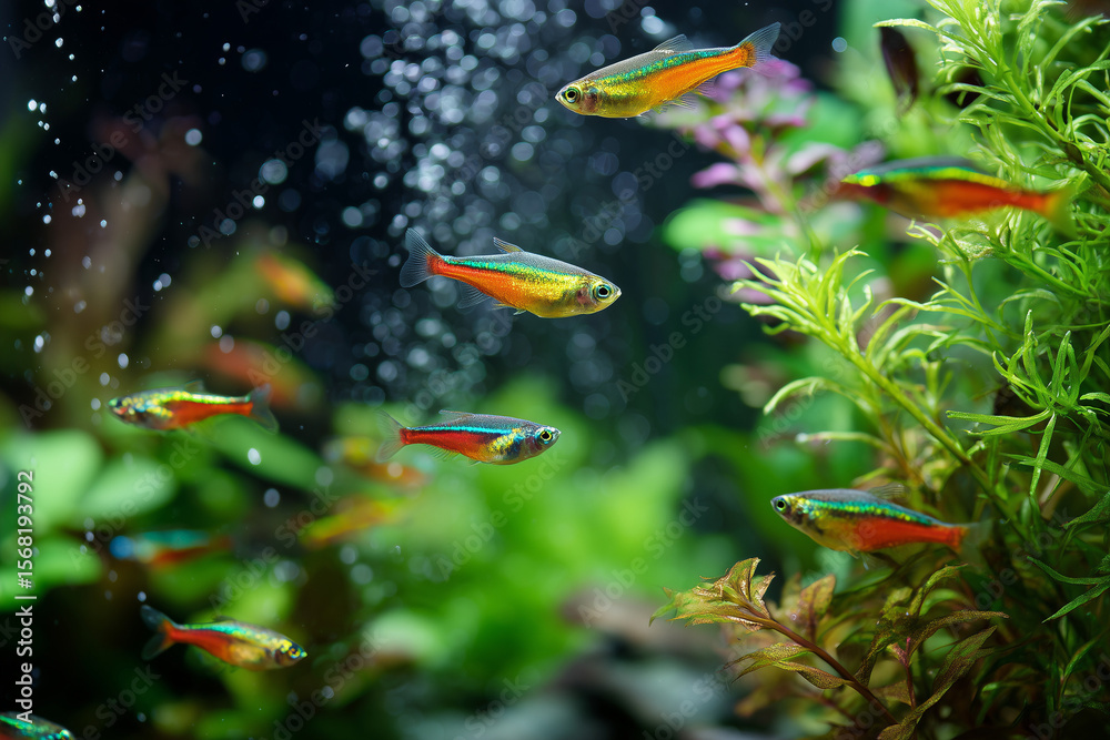 Group of neon tetras and guppies swimming among lush aquatic plants in ...